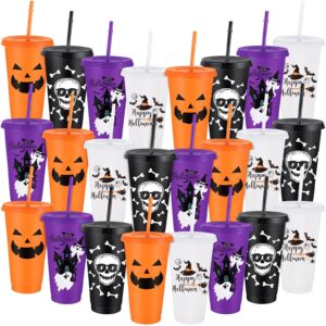 umigy 24 pcs halloween plastic cups with lids and straws 4 styles pumpkin ghost skull bat tumblers reusable halloween party cups for kids adults halloween birthday party favors supplies