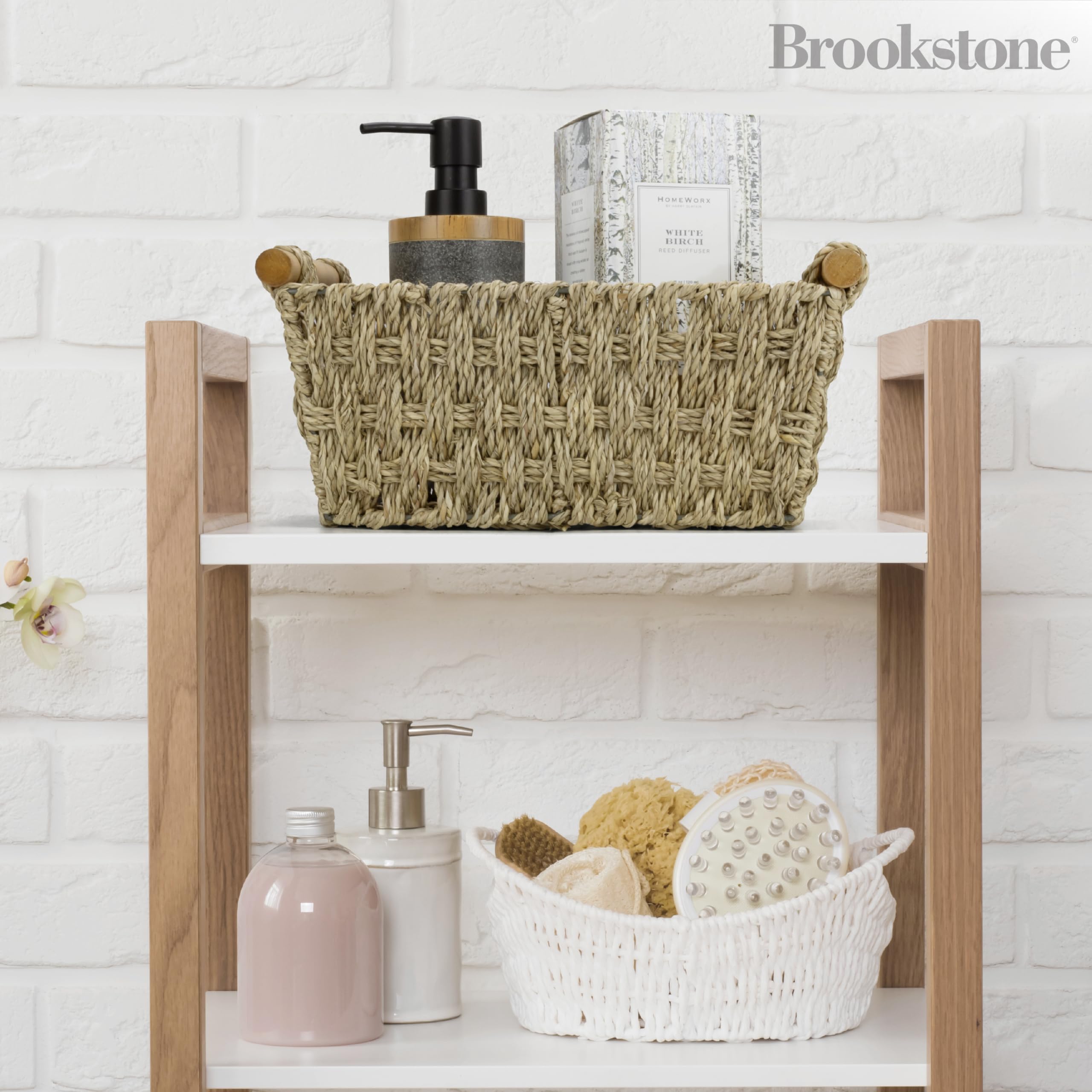 BROOKSTONE - [2 PIECE SET] Wicker Storage Basket with Crafted Wood Handles, Organization and Storage Container, Decorative Shelf Bin, Over the Toilet Paper Reserve, Suitable for Any Home Décor Style