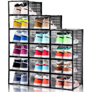 clemate 15 pack shoe storage boxes, clear plastic stackable shoe organizer for closet, shoe box with magnetic door, foldable shoe storage bin, sneaker storage box shoe rack container holder