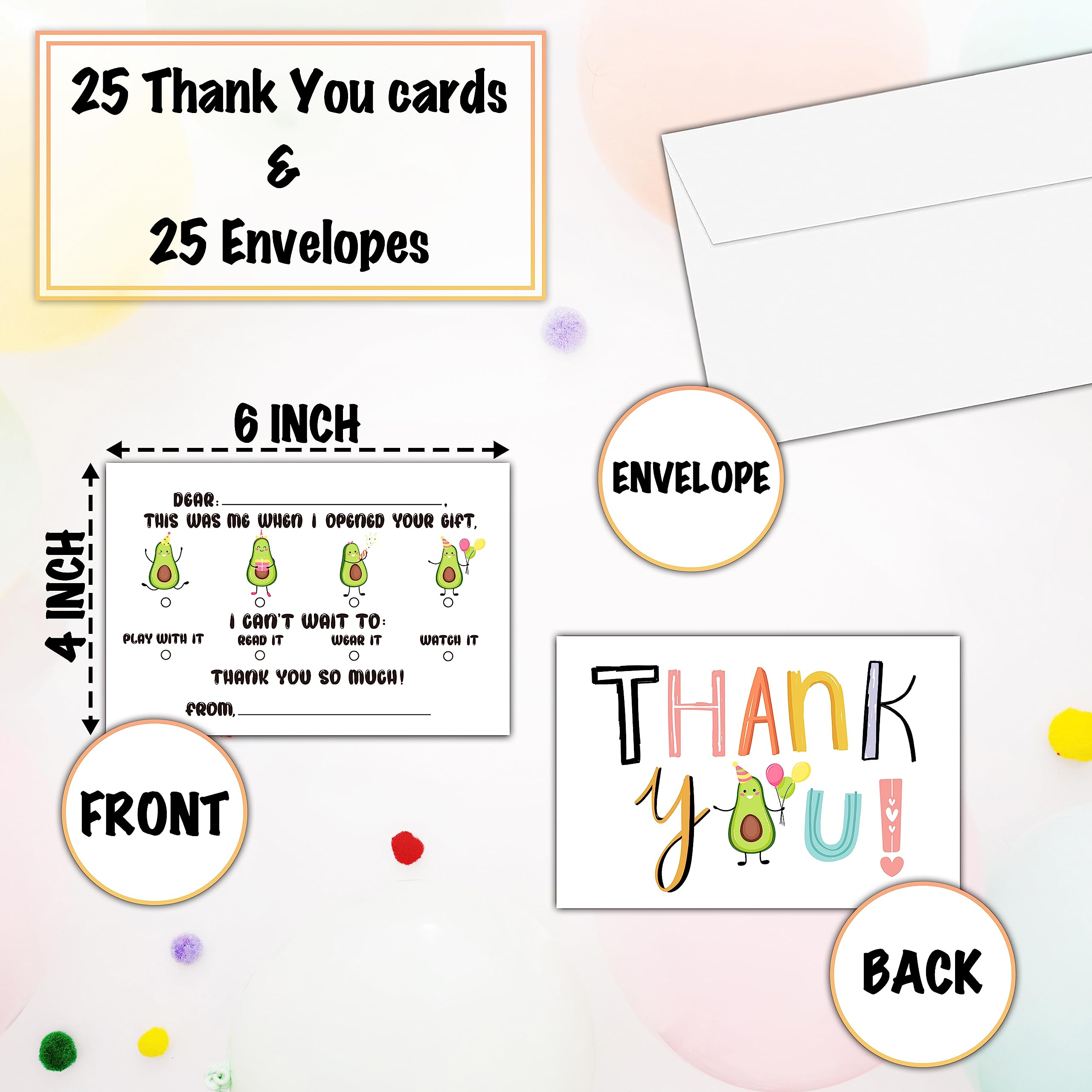 KFNER Kids Thank You Cards, Avocado Themed Fill In The Blank Thank You Card, Guacamole Thank You Notes for Boys Girls, Birthday Party Favors Supplies (25 Set of Cards with Envelopes) - A03