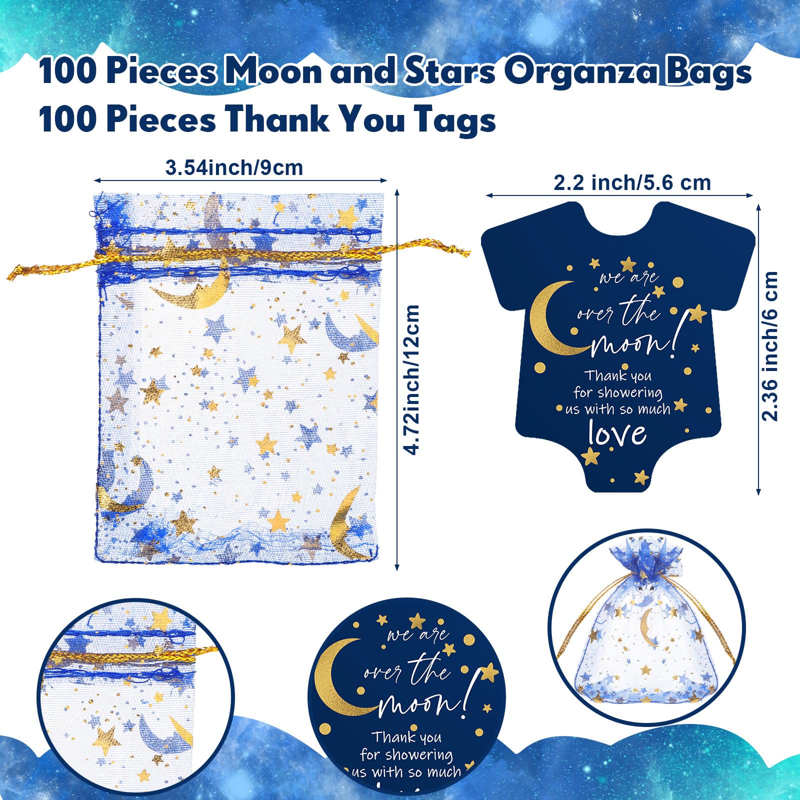 Huquary 300 Pcs Baby Shower Keychain Decoration Baby Shower Party Favors Moon Star Keychains Little Star Favors Thank You Cards Organza Bags for Guests Gender Reveal Keepsakes