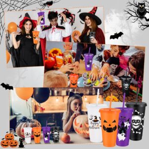 Umigy 24 Pcs Halloween Plastic Cups with Lids and Straws 4 Styles Pumpkin Ghost Skull Bat Tumblers Reusable Halloween Party Cups for Kids Adults Halloween Birthday Party Favors Supplies