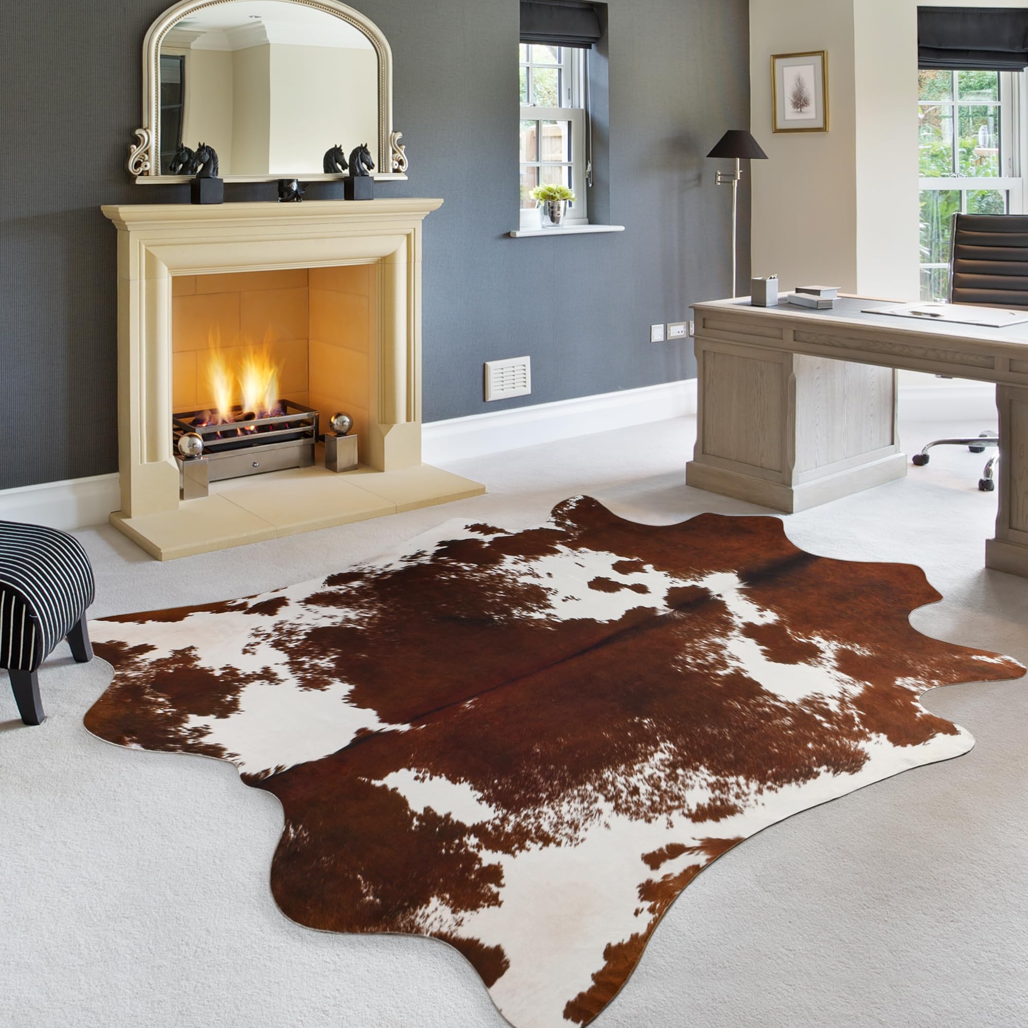 LYENDOS Cowhide Rug 5.2 x 6.2 Feet, Cow Hide Rug Durable No-Slip Backing, Faux Cowhide Rug Thickened Elastic, for Bedroom Living Room Home Office Western Decor