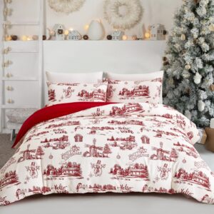 luxudecor christmas duvet cover set king size 3 pieces red yuletide duvet cover hello winter pattern bedding set with pillowcase for christmas new year (104"x90")