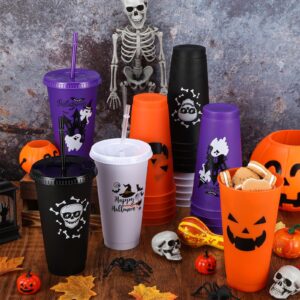 Umigy 24 Pcs Halloween Plastic Cups with Lids and Straws 4 Styles Pumpkin Ghost Skull Bat Tumblers Reusable Halloween Party Cups for Kids Adults Halloween Birthday Party Favors Supplies