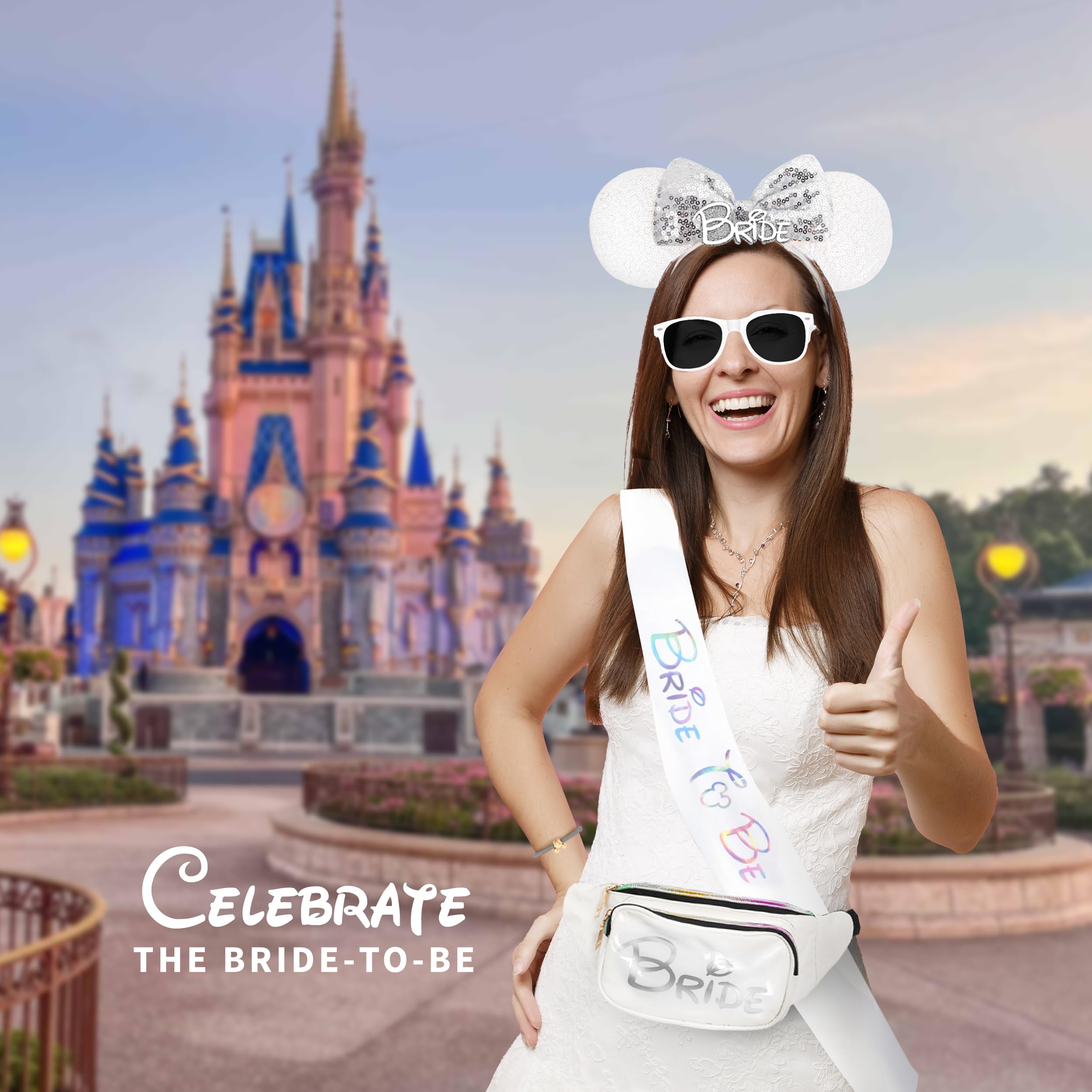 Chug Buddy Mouse Ears Set - Bride Accessories - Bachelorette Party Favors - Bride Bachelorette Outfit Accessories to Match Bachelorette Outfit for Bride - Magic Kingdom (Iridescent/White Bride, 1)