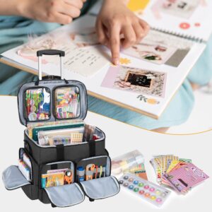 CURMIO Rolling Scrapbook Tote on Wheels, Scrapbook Storage Bag with Detachable Trolley and Bottom Wooden Board, Rolling Craft Bag for Scrapbooking Supplies, Black