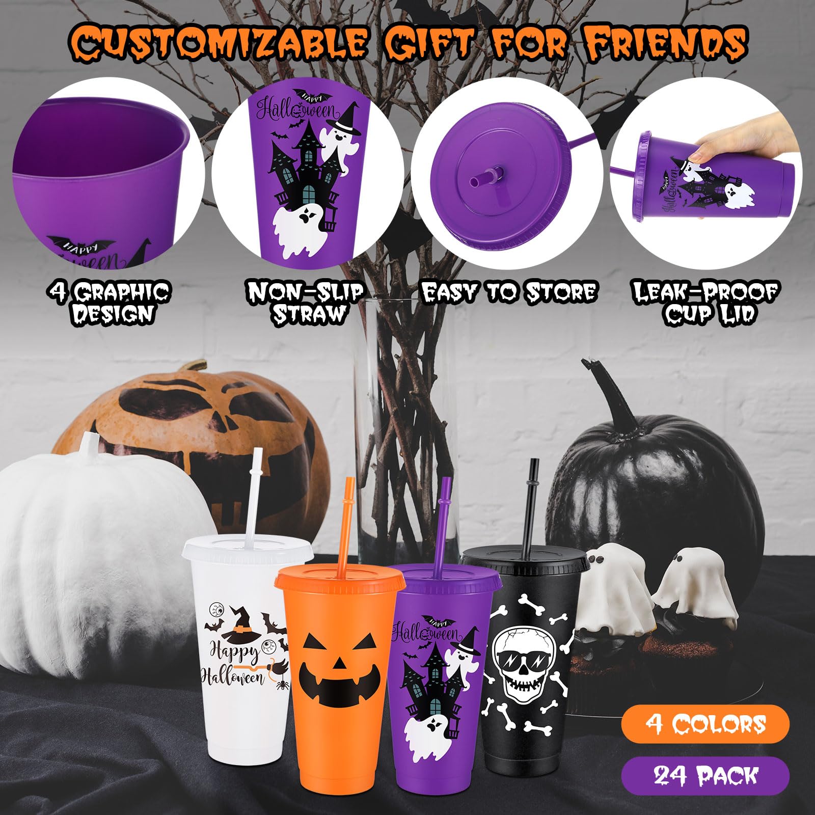 Umigy 24 Pcs Halloween Plastic Cups with Lids and Straws 4 Styles Pumpkin Ghost Skull Bat Tumblers Reusable Halloween Party Cups for Kids Adults Halloween Birthday Party Favors Supplies