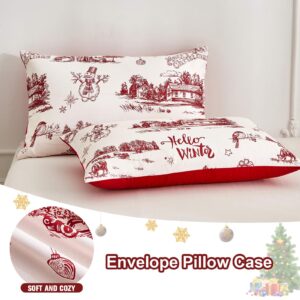 Luxudecor Christmas Duvet Cover Set King Size 3 Pieces Red Yuletide Duvet Cover Hello Winter Pattern Bedding Set with Pillowcase for Christmas New Year (104"x90")