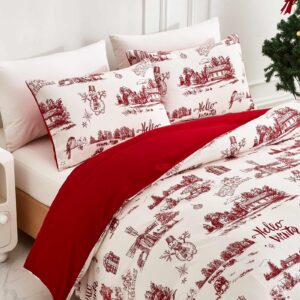 Luxudecor Christmas Duvet Cover Set King Size 3 Pieces Red Yuletide Duvet Cover Hello Winter Pattern Bedding Set with Pillowcase for Christmas New Year (104"x90")