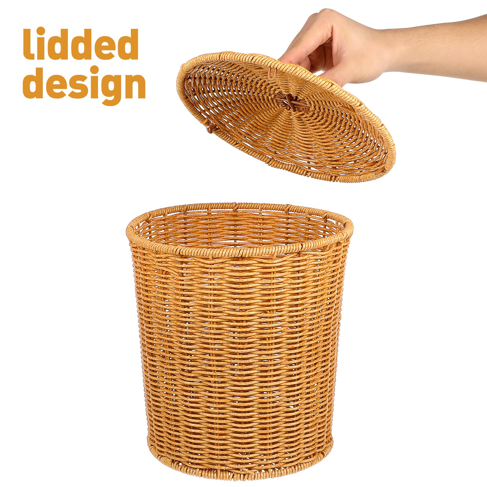 PRETYZOOM Small Wicker Waster Basket, Imitation Rattan Basket with Lid Bohemia Wicker Storage Basket Space Saving Small Trash Can for Bathroom Office (23x23x28cm)