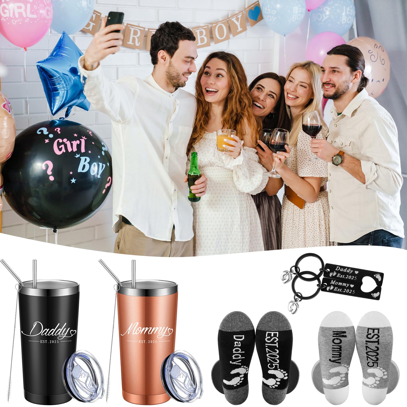 Mifoci 6 Pcs Gifts for New Parents Est 2025 20oz Stainless Steel Insulated Tumbler with Lid Anniversary New Parents Pregnancy New Parents's Gift Daddy Keychain Socks for Mother's Day Father's Day