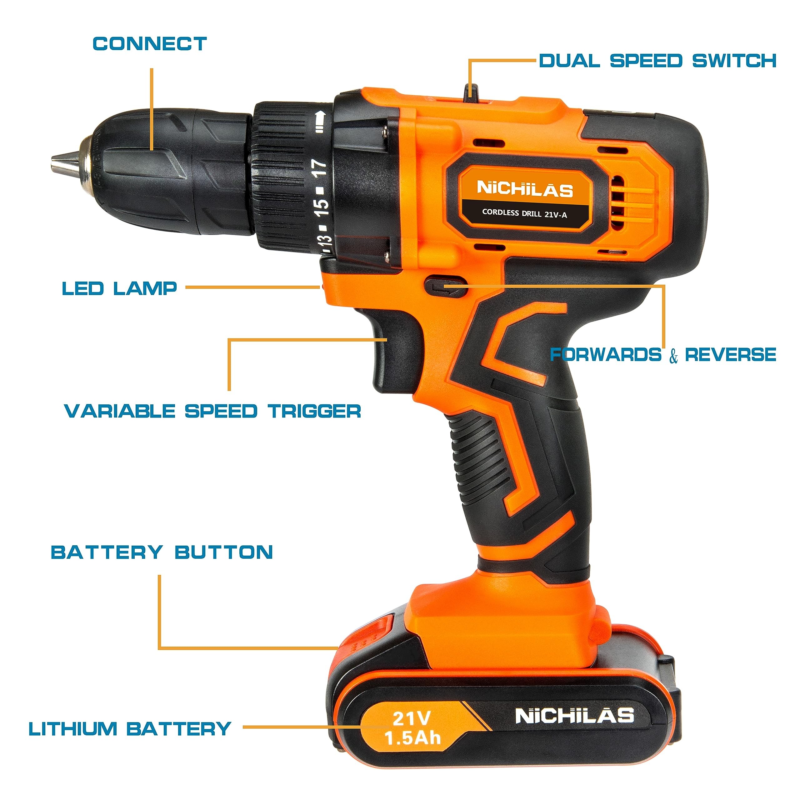 Nichilas Cordless Drill, 21V Power Screwdriver 2 Variable Speed 3/8” Keyless Chuck, 1500mAh Battery and Charger for assembling, repairing and DIY