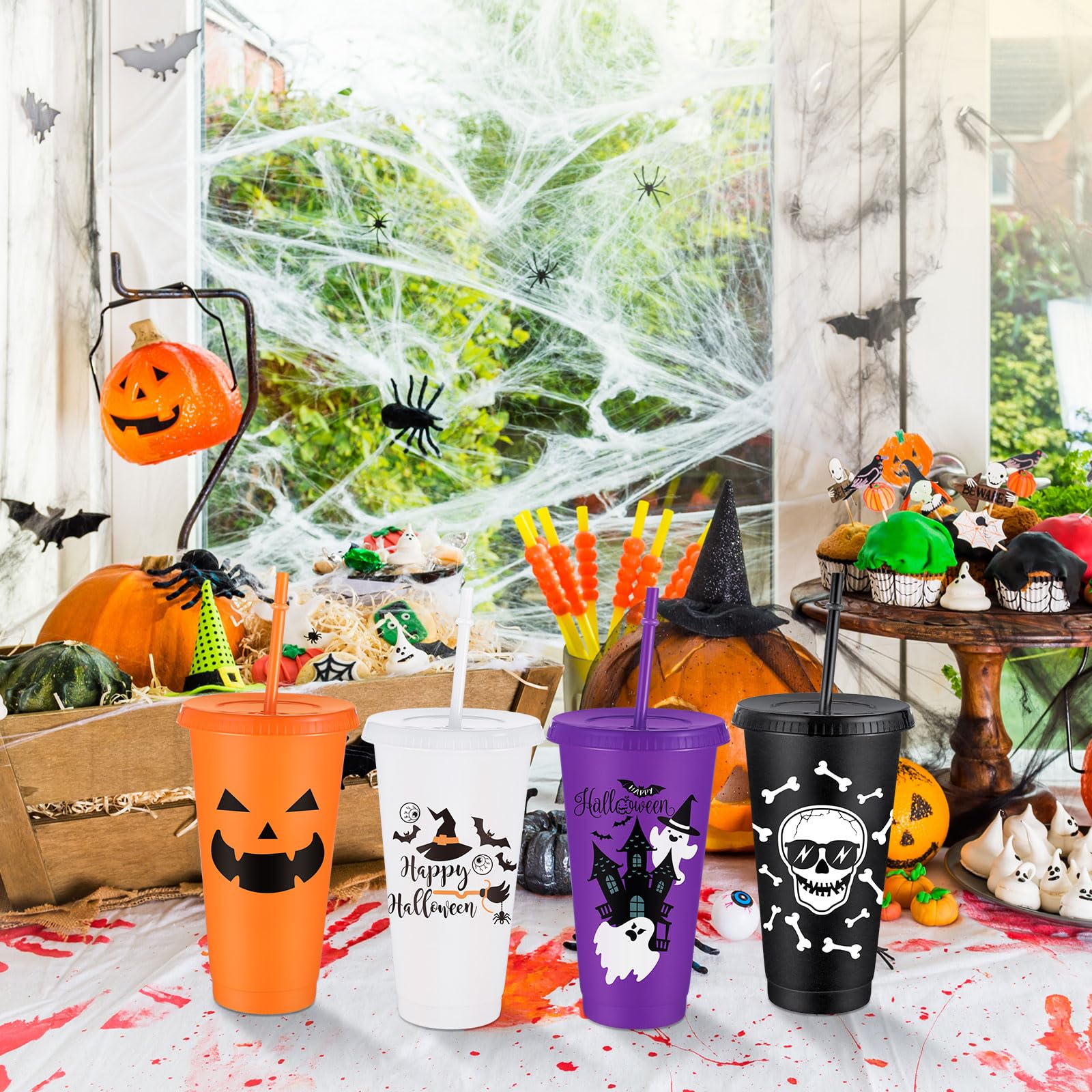 Umigy 24 Pcs Halloween Plastic Cups with Lids and Straws 4 Styles Pumpkin Ghost Skull Bat Tumblers Reusable Halloween Party Cups for Kids Adults Halloween Birthday Party Favors Supplies