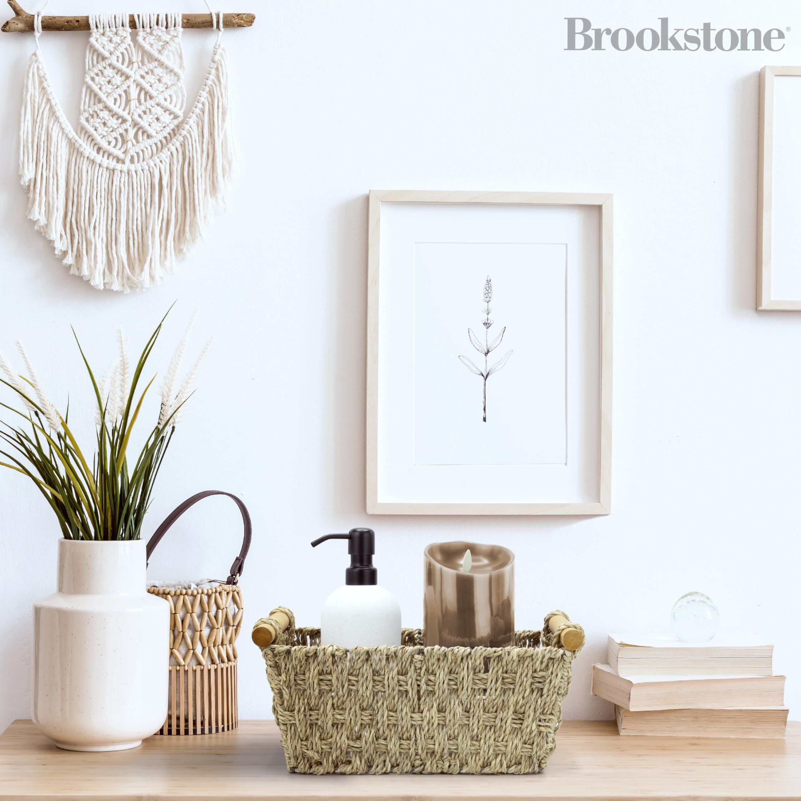 BROOKSTONE - [2 PIECE SET] Wicker Storage Basket with Crafted Wood Handles, Organization and Storage Container, Decorative Shelf Bin, Over the Toilet Paper Reserve, Suitable for Any Home Décor Style