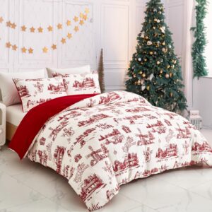 Luxudecor Christmas Duvet Cover Set King Size 3 Pieces Red Yuletide Duvet Cover Hello Winter Pattern Bedding Set with Pillowcase for Christmas New Year (104"x90")