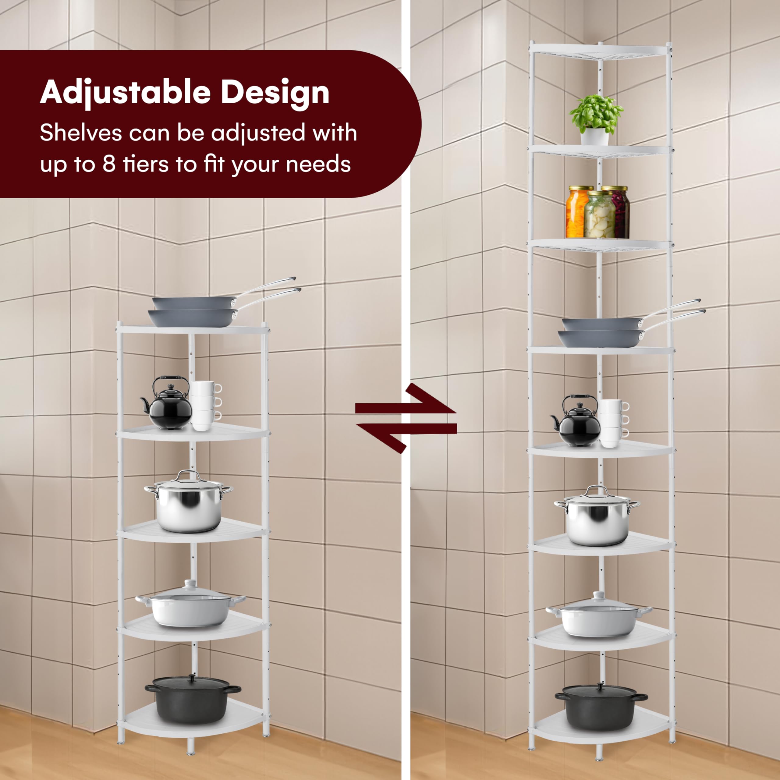 Vdomus | 8 Tier Kitchen Corner Shelf - Stainless Steel Corner Shelves Standing - Tall Organizer Unit for Pot, Dish, Vegetable, and Fruit Rack - Effortless Portability - Easy Assembly (White)