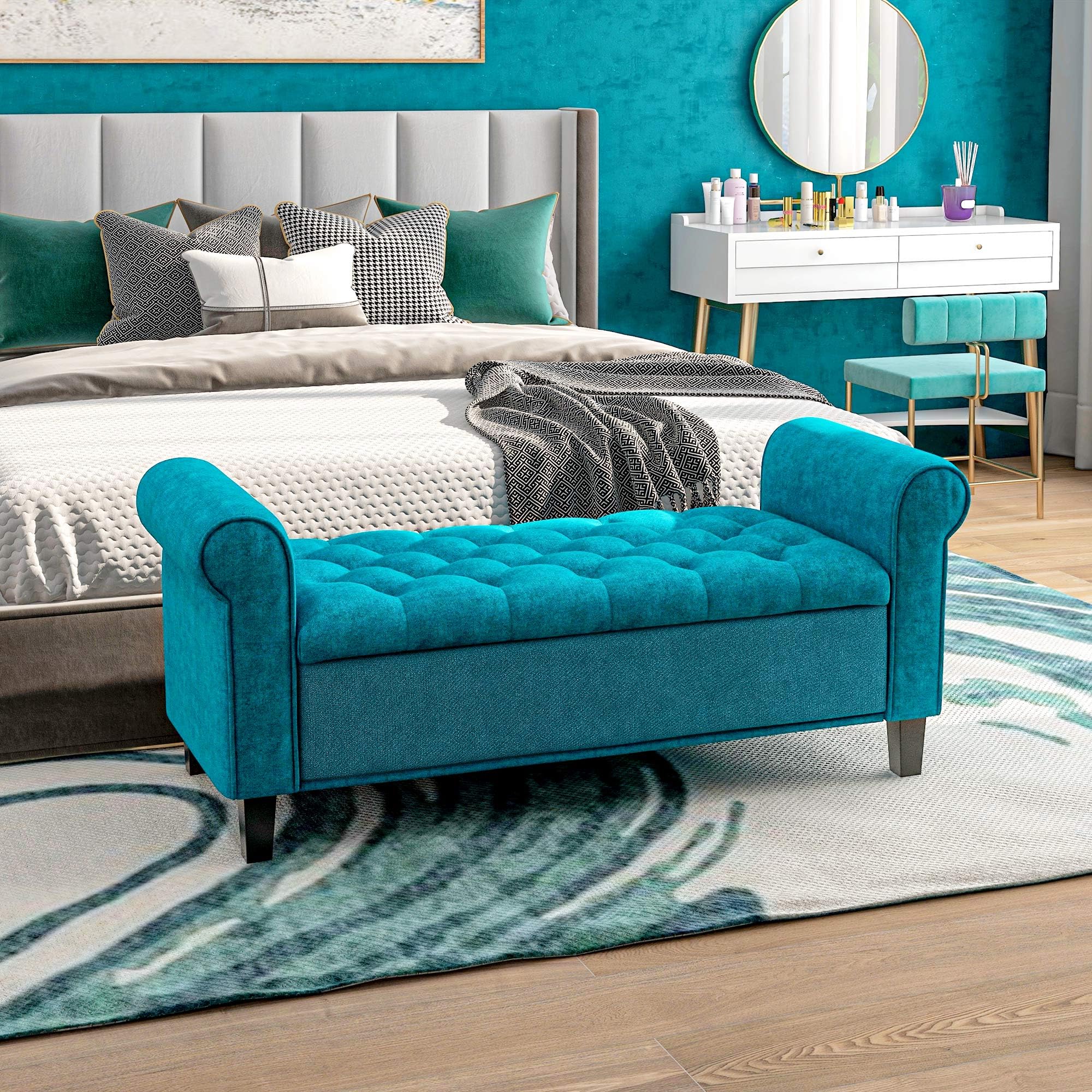 HOMCOM 50" Storage Ottoman Bench, Upholstered End of Bed Bench with Rolled Arms, Wood Legs, Button Tufted Storage Bench with Safety Hinges for Living Room, Entryway, Bedroom, Teal