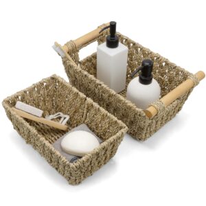 BROOKSTONE - [2 PIECE SET] Wicker Storage Basket with Crafted Wood Handles, Organization and Storage Container, Decorative Shelf Bin, Over the Toilet Paper Reserve, Suitable for Any Home Décor Style