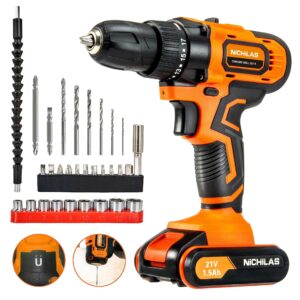 nichilas cordless drill, 21v power screwdriver 2 variable speed 3/8” keyless chuck, 1500mah battery and charger for assembling, repairing and diy