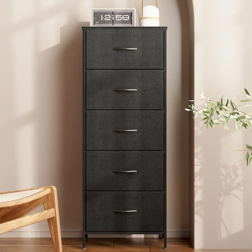 AODK Dresser for Bedroom with 5 Storage Drawers, 48" Tall Dresser Chest of Drawers Fabric Dresser with Sturdy Steel Frame, Black