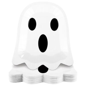 twowyhi 50pcs halloween white ghost paper plates disposable white ghost shaped dessert dinner plates for halloween themed party 9.8 x 8.7inch