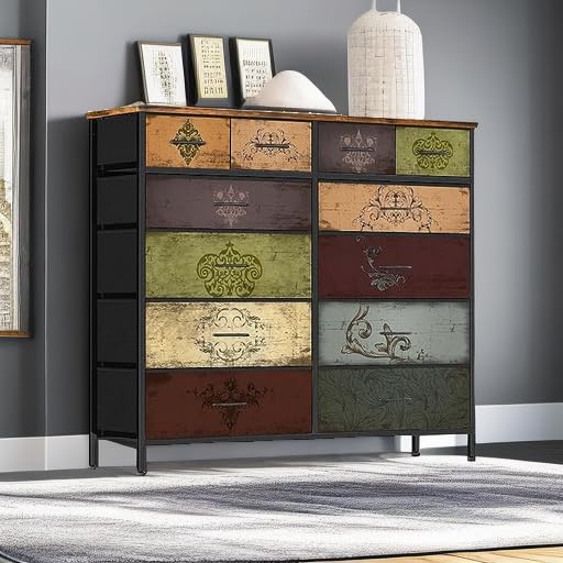 VASICAR Dresser for Bedroom with 12 Drawers, Tall Fabric Drawer Dresser, Chest of Drawers for Closet, Nursery, Bedside, Living Room, Entryway, Hallway (Pattern)