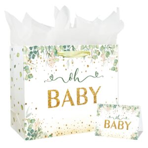 13" large baby boy girl gift bag for baby shower or birthday with handle, tissue paper and greeting card (sage green design)