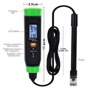 Digital Rechargeable Dissolved Oxygen Meter | Precise DO Tester w/Self-Floating Probe, Long Cable, LCD & Eco-Friendly Battery | Ideal for Fish Tanks, Hydroponic & More