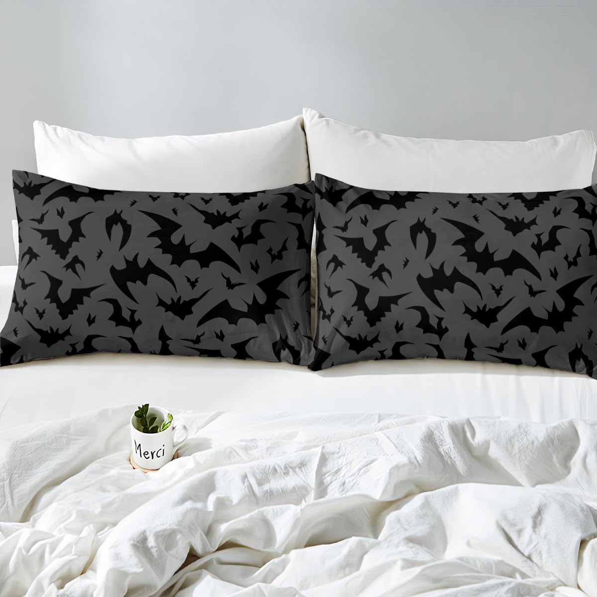 Bats Pattern Bedding Set,Night Duvet Cover for Kids Teens Boys Girls,Bats Comforter Cover Decorative Room,Black and Gray Quilt Cover with 2 Pillowcases,King Size