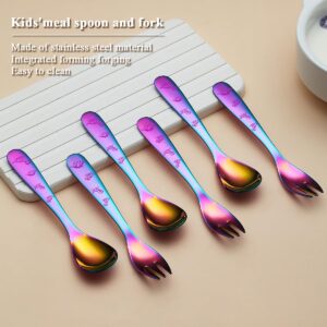 Evanda Rainbow Toddler Utensils, Rainbow Titanium Coated 6 Pieces Stainless Steel Toddler silverware set, Kids Utensils Forks and Spoons, Mirror Polished Smooth Round Tableware and Dishwasher Safe