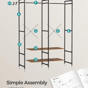 SONGMICS Clothes Rack, Iron and Wood Wardrobe Closet Organizer, Heavy Duty Garment Rack with Hanging Rods, Closet Shelves, Removable Hooks, 15.7 x 37.2 x 70.9 Inches, Rustic Brown URGR004B01