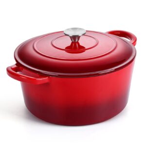 6 quart enameled dutch oven with lid, p&p chef 6 qt cast iron dutch oven pot, enamel round dutch oven cooking stock pot for braising, stewing, roasting, baking, various stoves & oven safe (red)