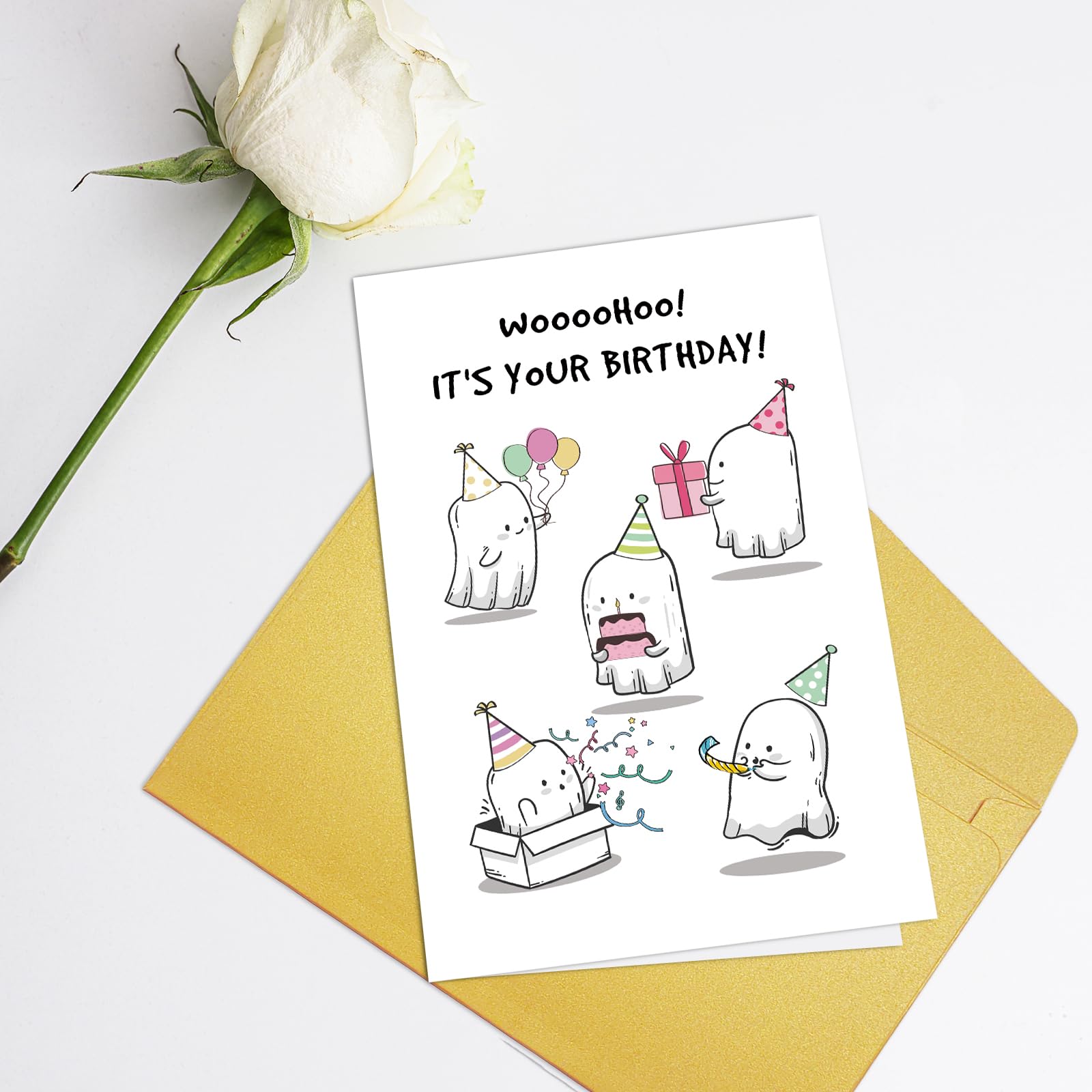 Cute Ghosts Birthday Card for Men Women, Funny Halloween Birthday Card for Friends, Humorous Cartoon Birthday Card for Him Her