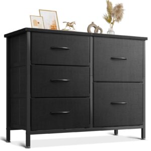 aodk dresser for bedroom dresser tv stand with 5 storage drawers, small fabric dresser chest of drawers for closet organizer clothes, black