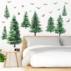 Qilery Watercolor Pine Tree Wall Decals Large Tree Wall Sticker Peel and Stick Forest Wall Decal Woodland Branch Birds Wall Sticker Christmas Tree Wall Stickers for Bedroom Living Room (Classic Style)