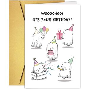 cute ghosts birthday card for men women, funny halloween birthday card for friends, humorous cartoon birthday card for him her