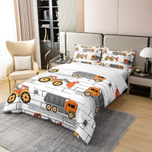 Excavators 100% Natural Cotton Duvet Cover Queen Size Tractor and Truck Comforter Cover with 2 Pillowcases Machinery Cars Construction Vehicle Bedding Set 3 Pcs Bed Cover