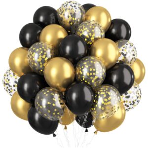 Black and Gold Balloons 60pcs 12 Inches with Black Gold Confetti Balloons, Metallic Gold and Black Birthday Balloons with Ribbons for Wedding, Baby Shower, Graduation Black Gold Party Decorations