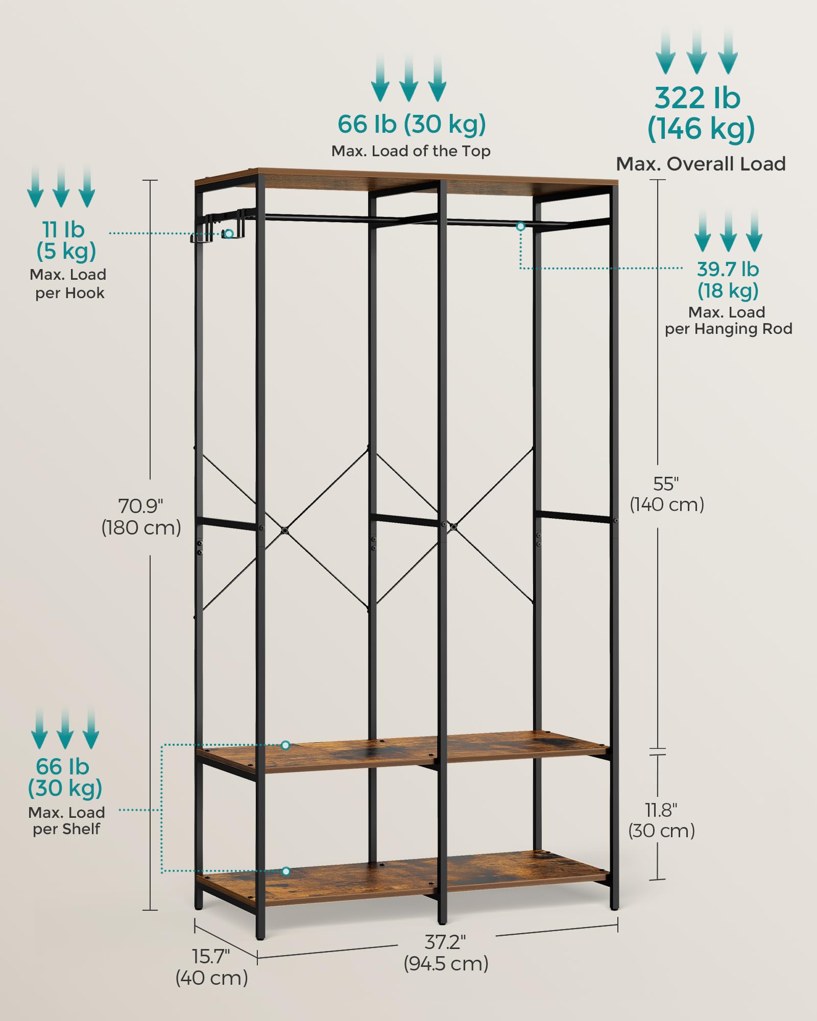 SONGMICS Clothes Rack, Iron and Wood Wardrobe Closet Organizer, Heavy Duty Garment Rack with Hanging Rods, Closet Shelves, Removable Hooks, 15.7 x 37.2 x 70.9 Inches, Rustic Brown URGR004B01