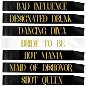 bachelorette sash set (7 pcs) - bride to be sash bachelorette party decorations - bride and bridesmaid sashes for bachelorette party decorations (black, gold letters). ideal bridal shower supplies