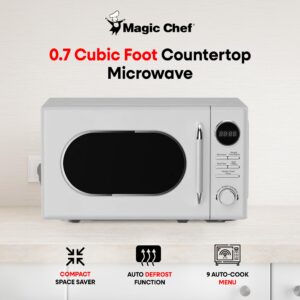 Magic Chef 0.7 Cubic Feet 700 Watt Classic Retro Touch Countertop Microwave with 10 Power Levels, 9 Auto Cook Menus, and Glass Turntable, White