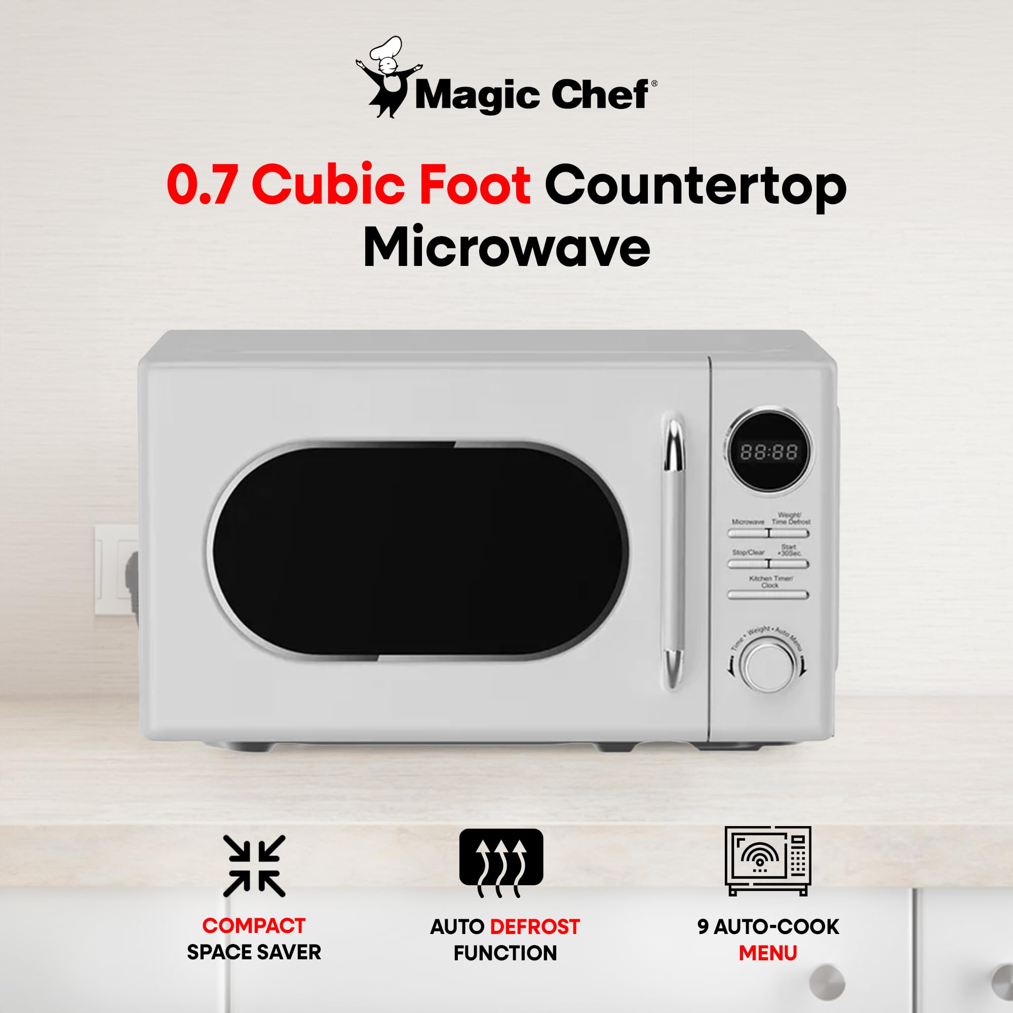 Magic Chef 0.7 Cubic Feet 700 Watt Classic Retro Touch Countertop Microwave with 10 Power Levels, 9 Auto Cook Menus, and Glass Turntable, White