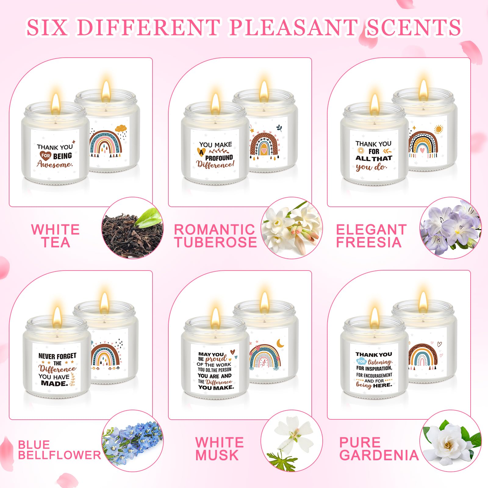 MTLEE 6 Pcs Employee Appreciation Candles Gifts Bulk 3.5 oz Thank You Candle Set Inspirational Motivational Boho Rainbow Aromatherapy Scented Jar Candles for Women Coworker Teamworker Teacher