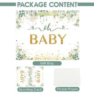 13" Large Baby Boy Girl Gift Bag for Baby Shower or Birthday with Handle, Tissue Paper and Greeting Card (Sage Green Design)