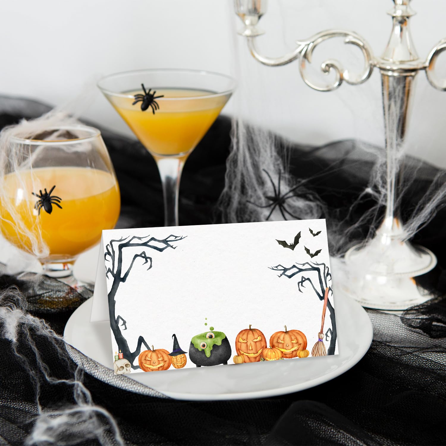 Place Cards Black & White Cobweb, Scored for Easy Folding Set of 25 Tent Style Table Seating Cards, Party Decoration Blank Name Fill in Card for Halloween Dinner, Reception, Banquet, Buffet Food-12