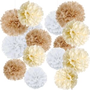 boho tissue paper pom poms champagne neutral party decorations creamy white light brown paper flowers for wedding birthday engagement receptions boho bridal baby showers party supplies -15pcs