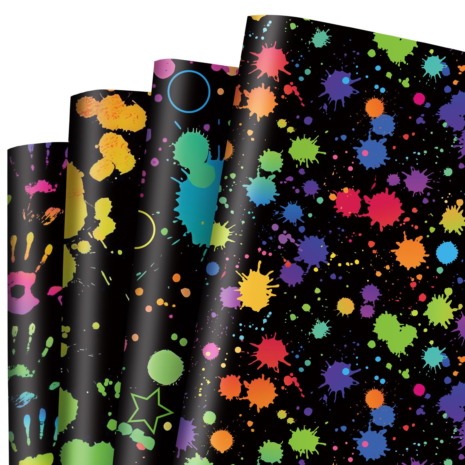 AnyDesign 12 Sheet Colorful Wrapping Paper 4 Design Black Neon Art Packaging Paper Folded Flat DIY Art Craft Paper for Glow Party Birthday Party Baby Shower DIY Gift Wrap, 19.7 x 27.6 Inch