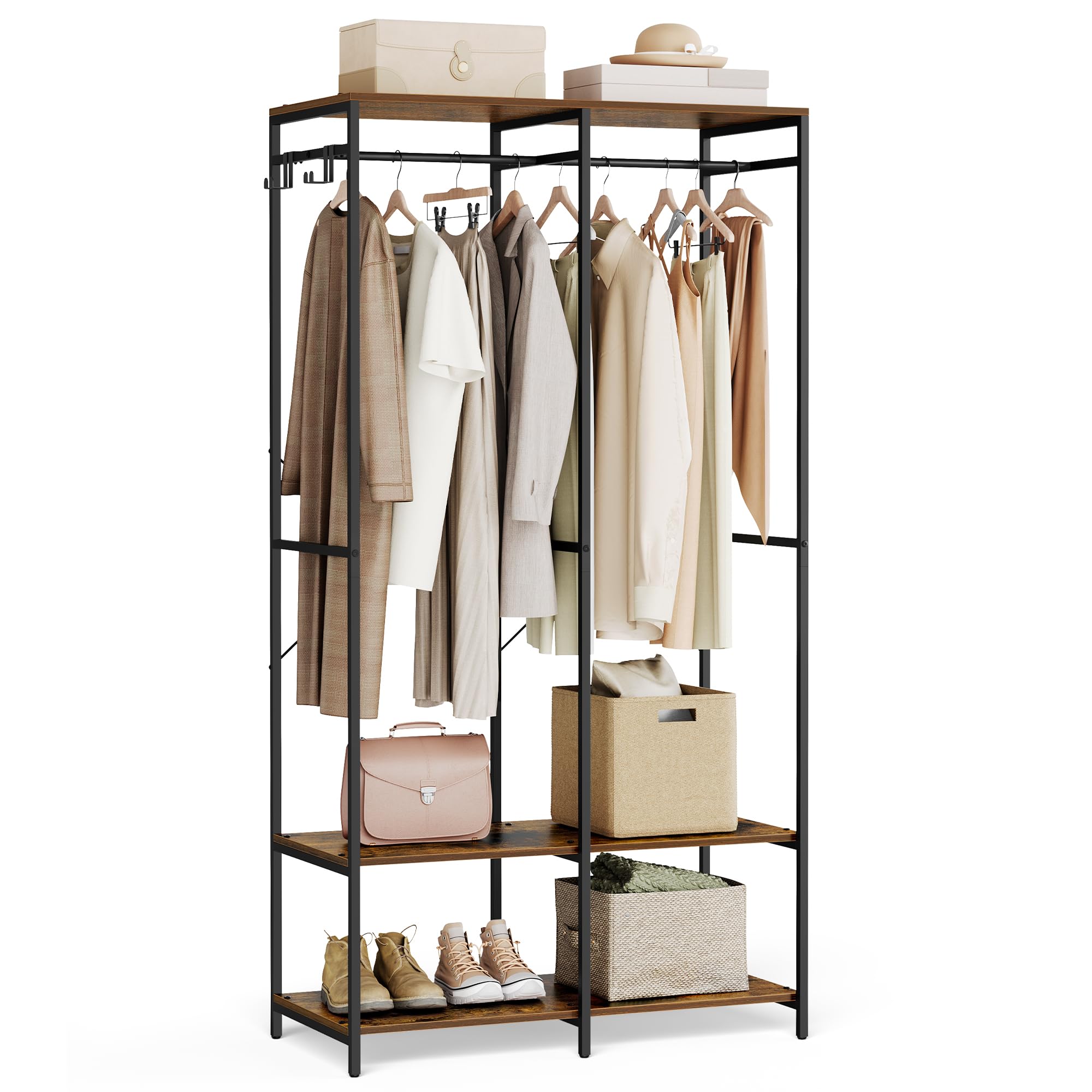 SONGMICS Clothes Rack, Iron and Wood Wardrobe Closet Organizer, Heavy Duty Garment Rack with Hanging Rods, Closet Shelves, Removable Hooks, 15.7 x 37.2 x 70.9 Inches, Rustic Brown URGR004B01