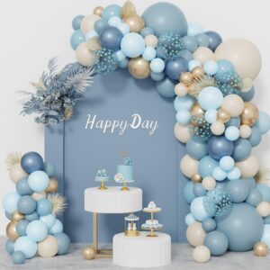 172pcs dusty blue balloons arch garland kit, dusty baby pastel blue chrome gold blue sand white confetti balloon for boy baby shower decorations bridal shower gender reveal birthday party supplies